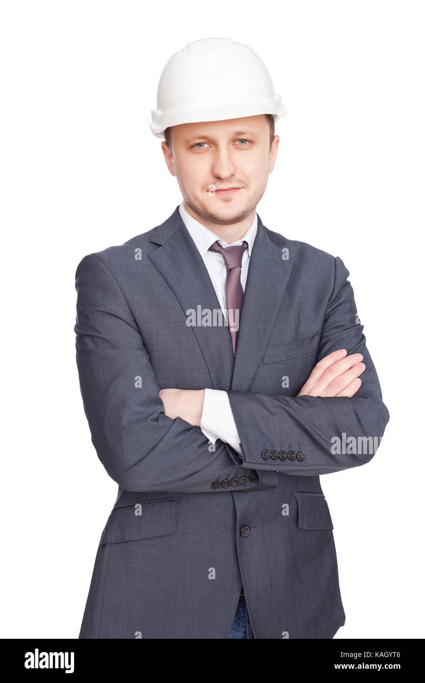 Engineer with white hard hat standing confidently isolated on white ...