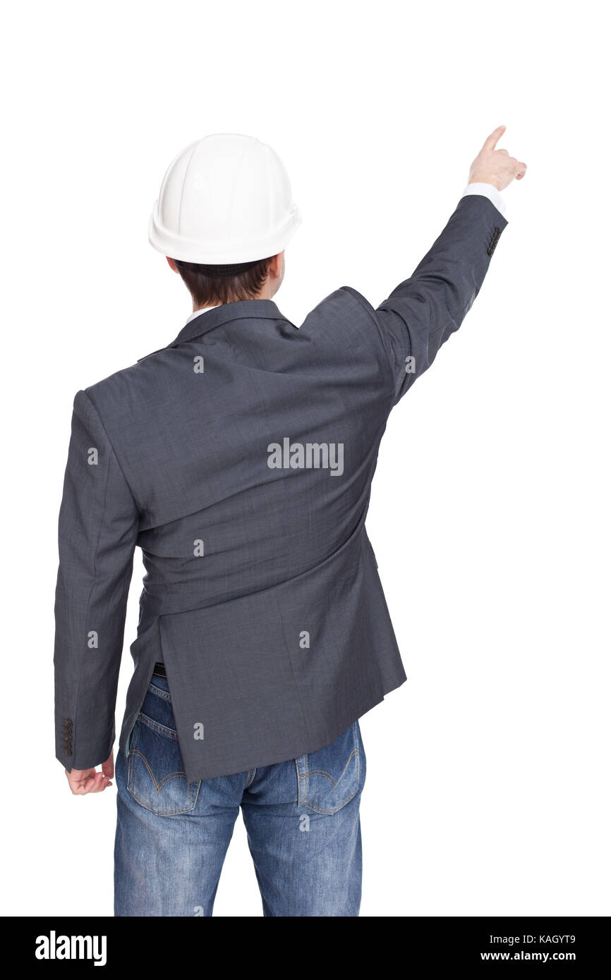 Engineer standing back view pointing something isolated on white ...