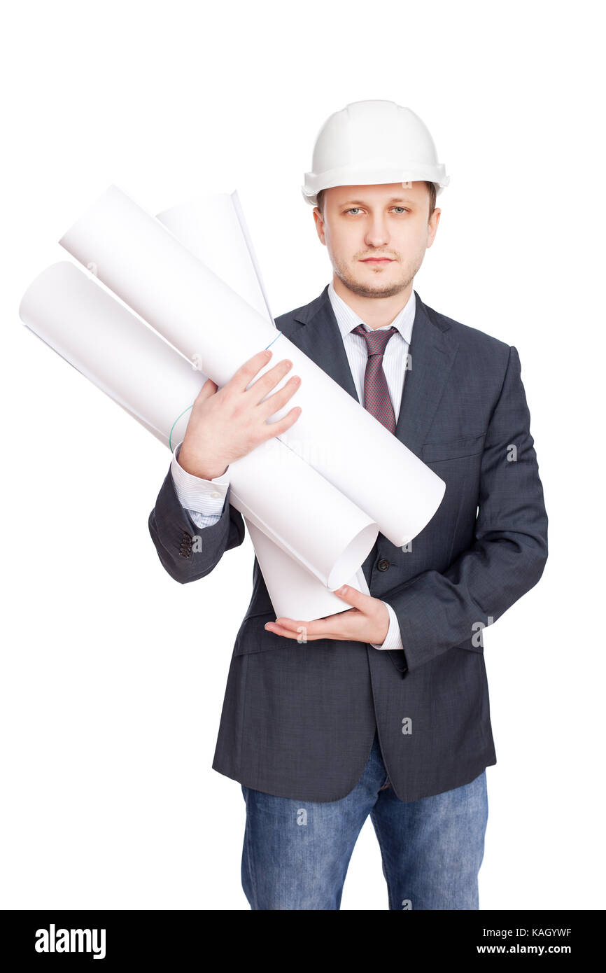 Engineer with blueprints isolated on white background Stock Photo - Alamy