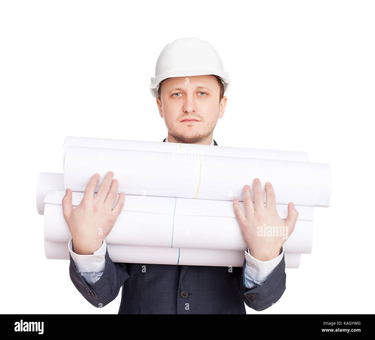 Engineer with blueprints isolated on white background Stock Photo - Alamy