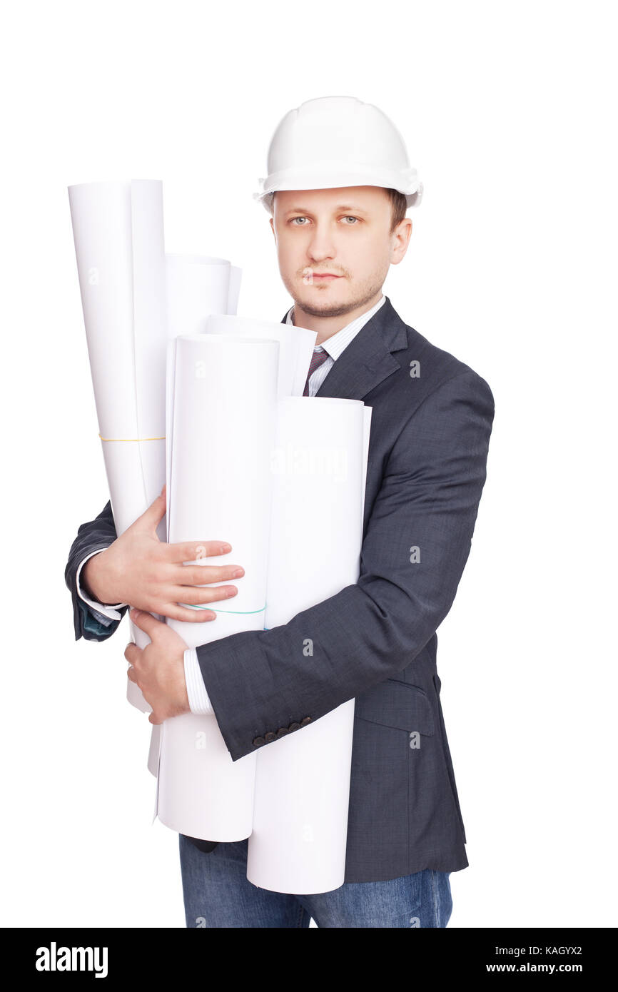 Engineer with blueprints isolated on white background Stock Photo - Alamy