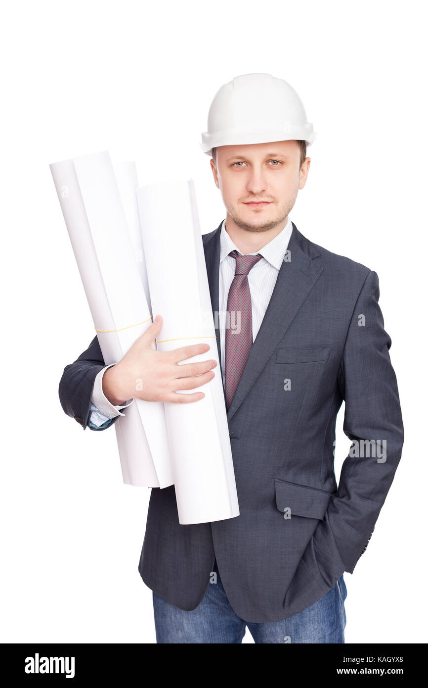 Engineer with blueprints isolated on white background Stock Photo - Alamy