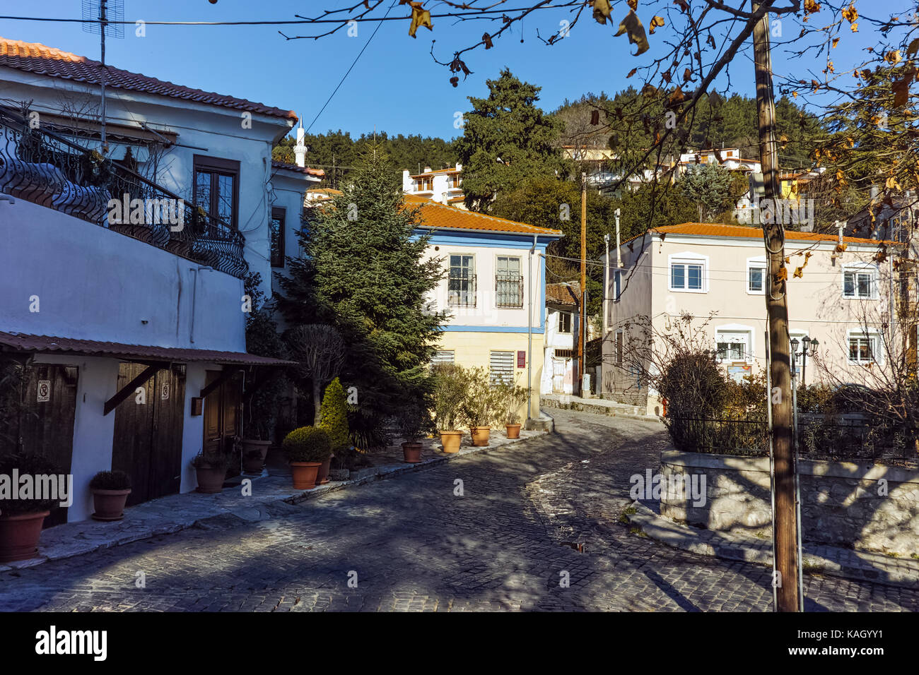 Typical street and old house in old town of Xanthi, East Macedonia and ...