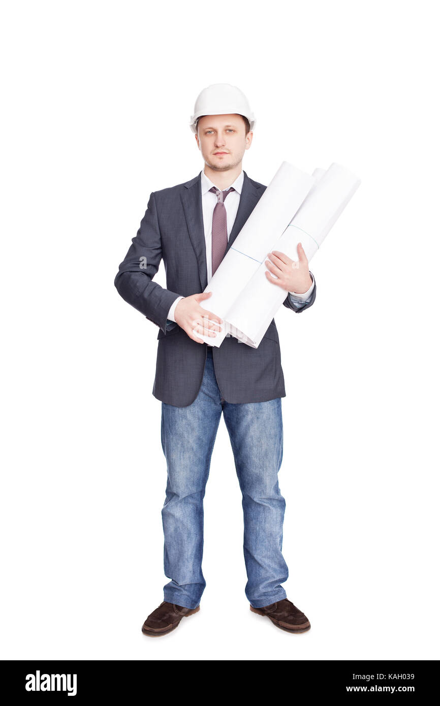 Engineer with blueprints isolated on white background Stock Photo - Alamy
