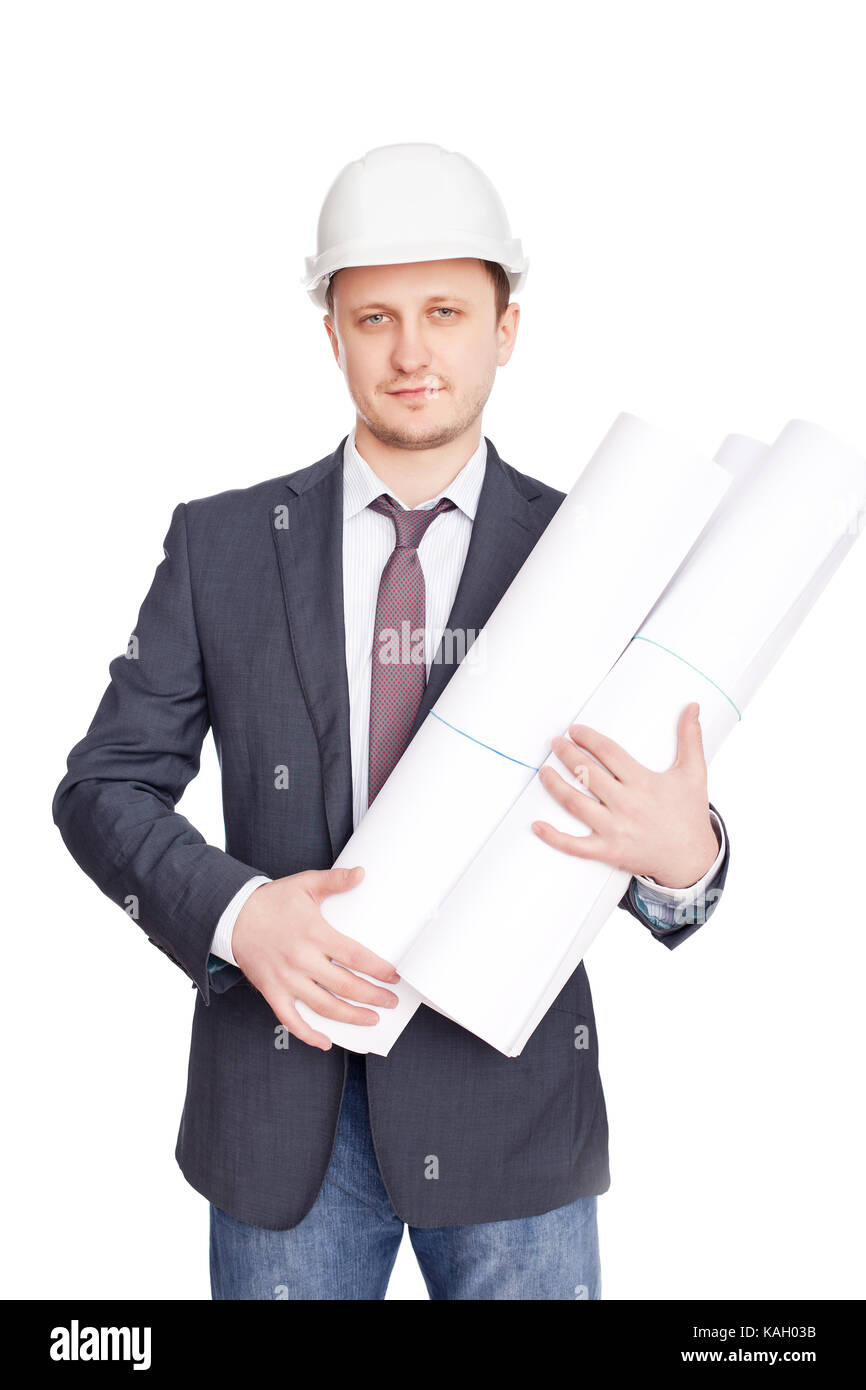 Engineer with blueprints isolated on white background Stock Photo - Alamy