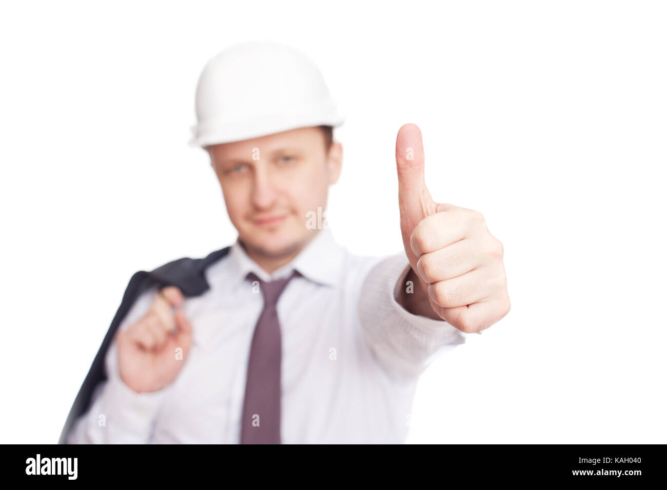 Successful engineer with thumbs up gesture isolated on white background ...