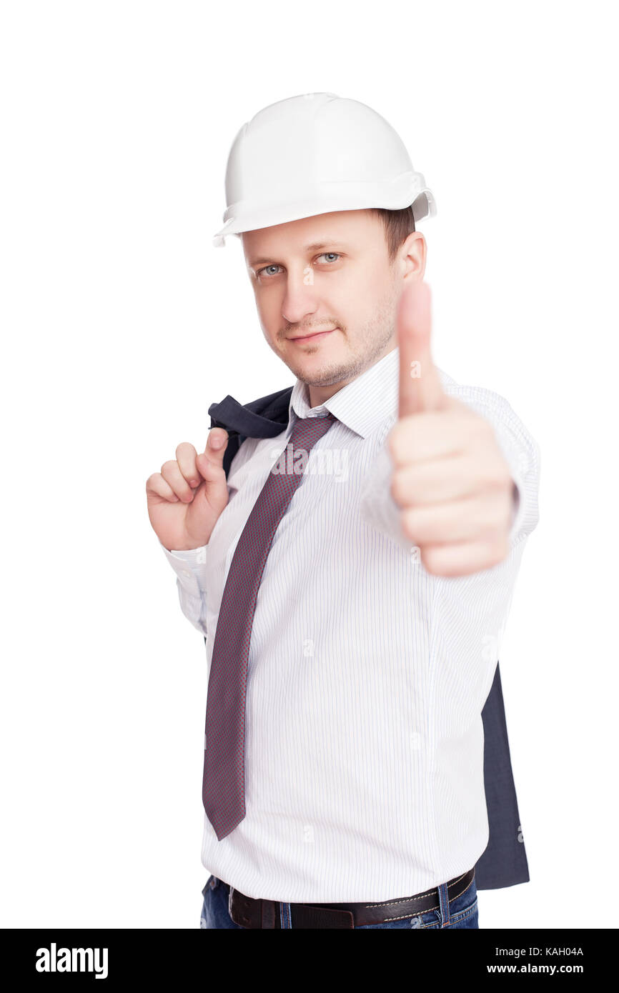 Successful engineer with thumbs up gesture isolated on white background ...