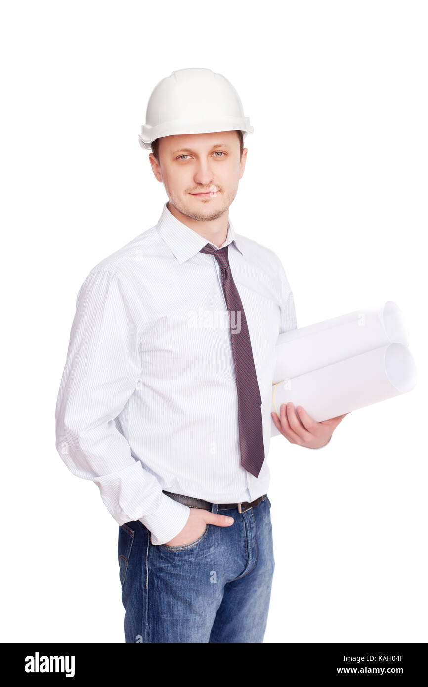 Engineer with blueprints isolated on white background Stock Photo - Alamy