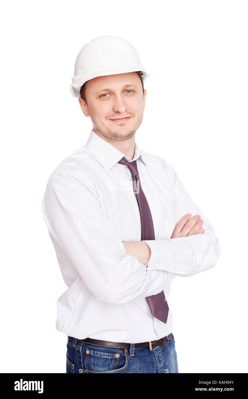 Engineer with white hard hat standing confidently isolated on white ...