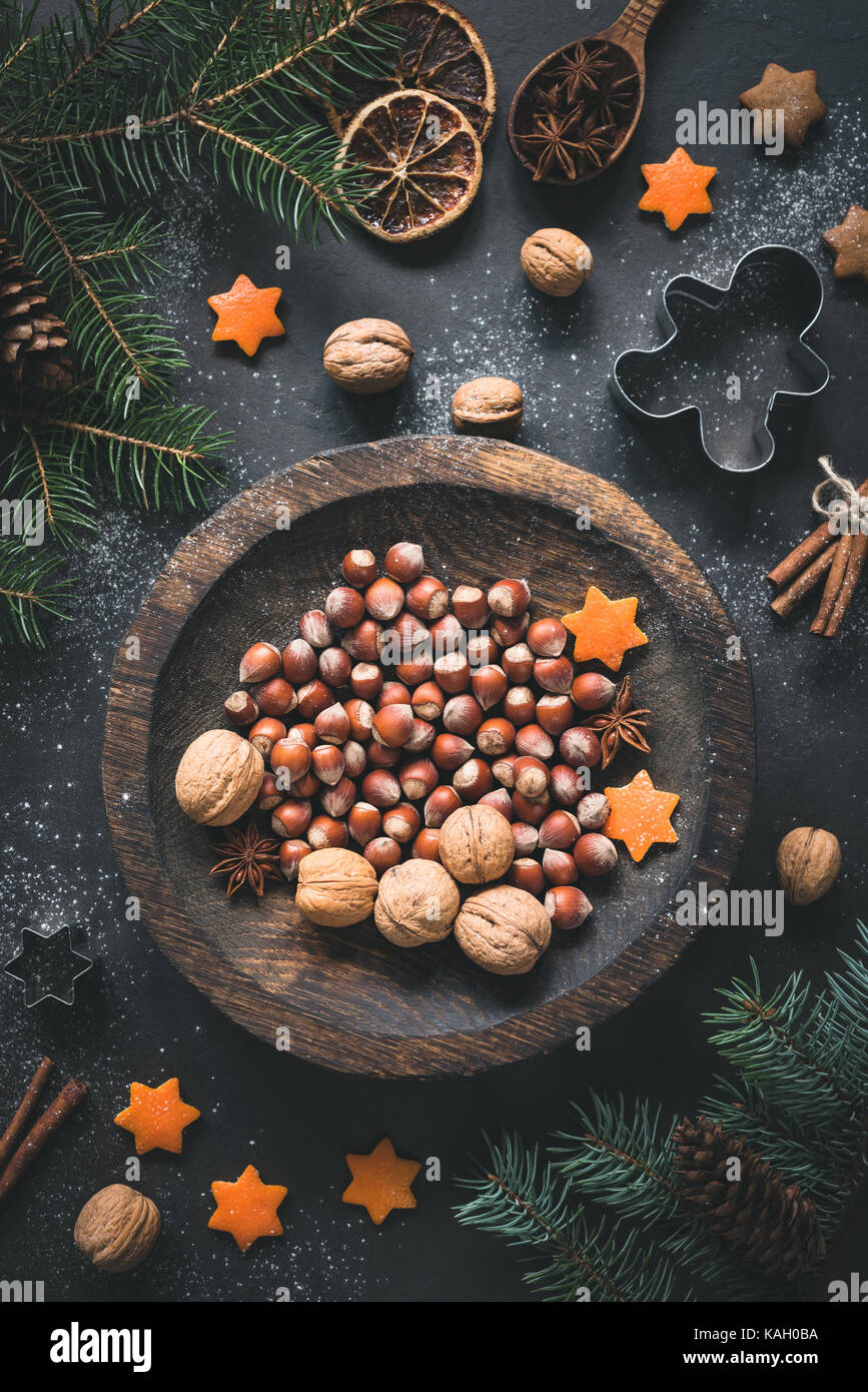 Christmas Winter decorations, walnuts, hazelnuts, Christmas tree branch ...