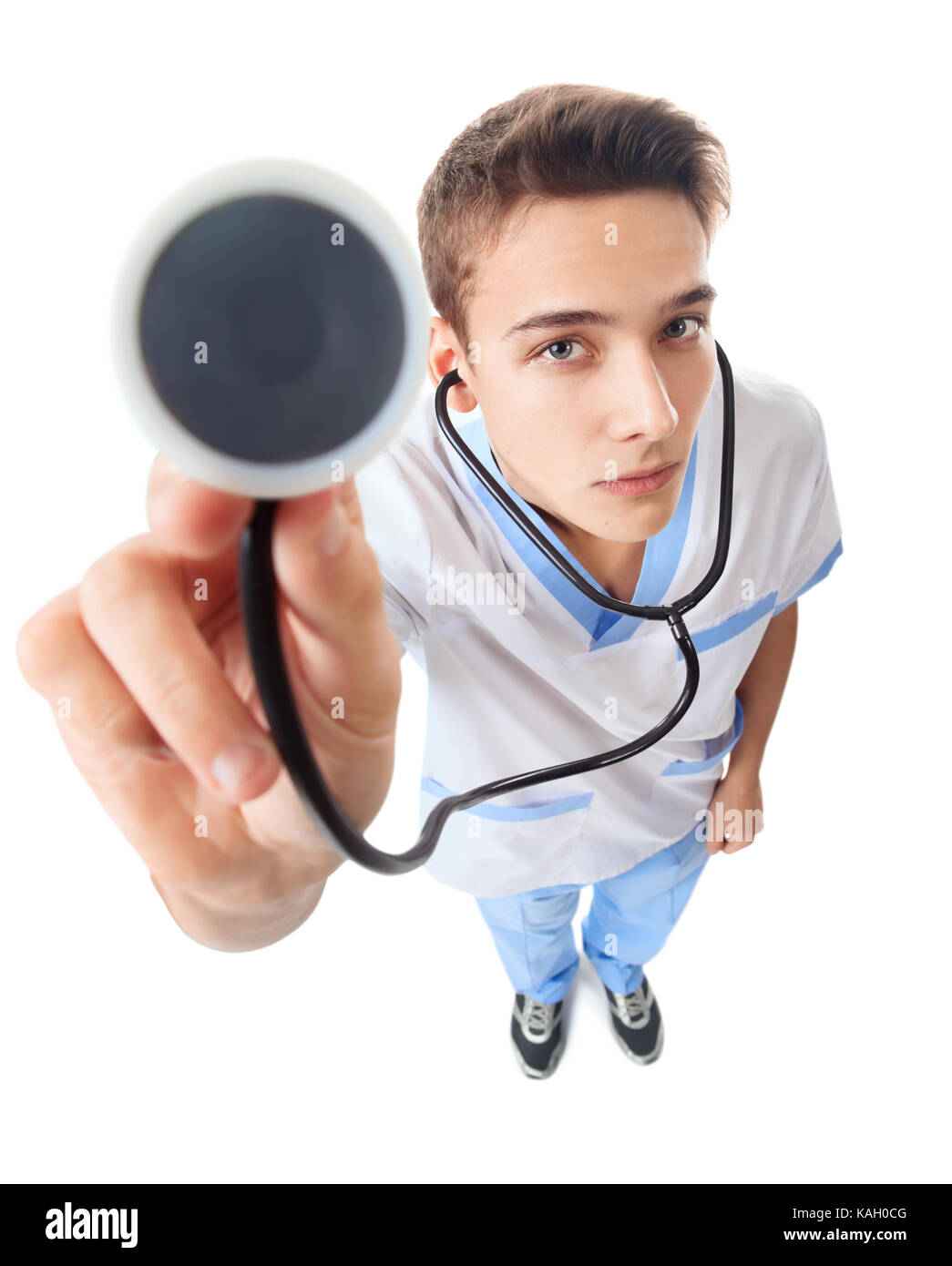 Wide angle top view of young doctor with stethoscope isolated on white ...