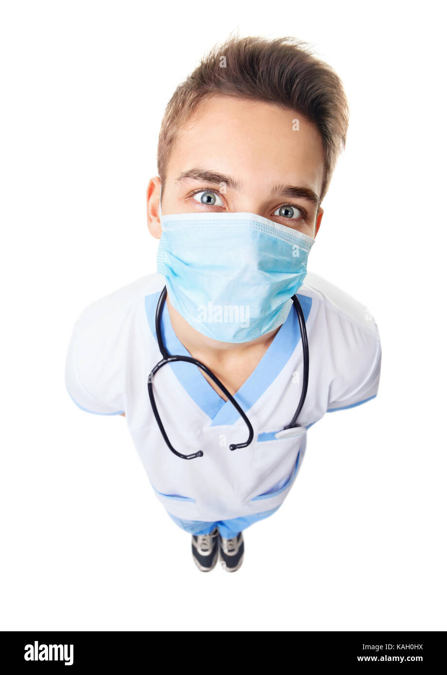 Wide angle top view of young doctor with stethoscope wearing surgeon's ...