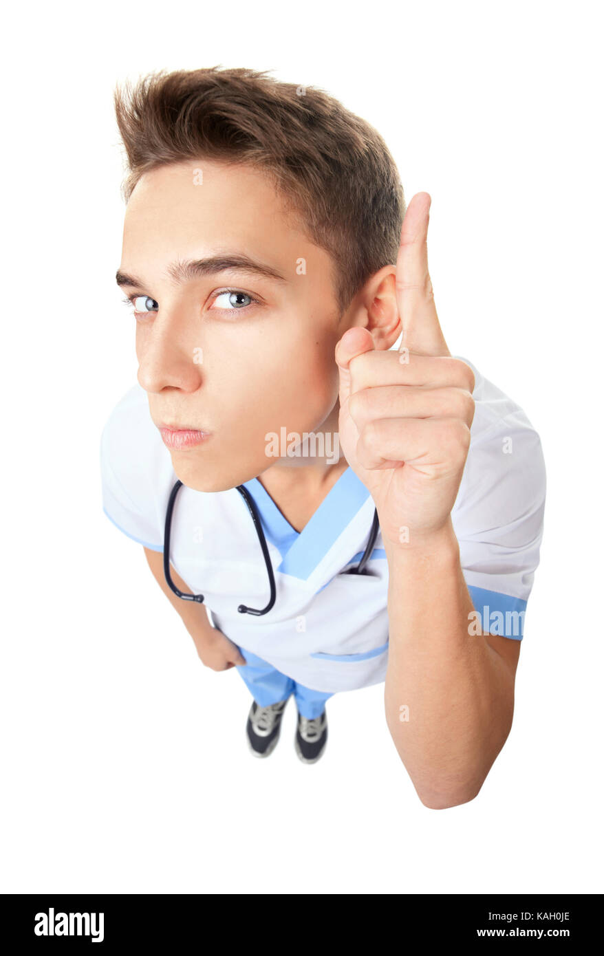 Wide angle top view of crafty young doctor pointing a great idea ...
