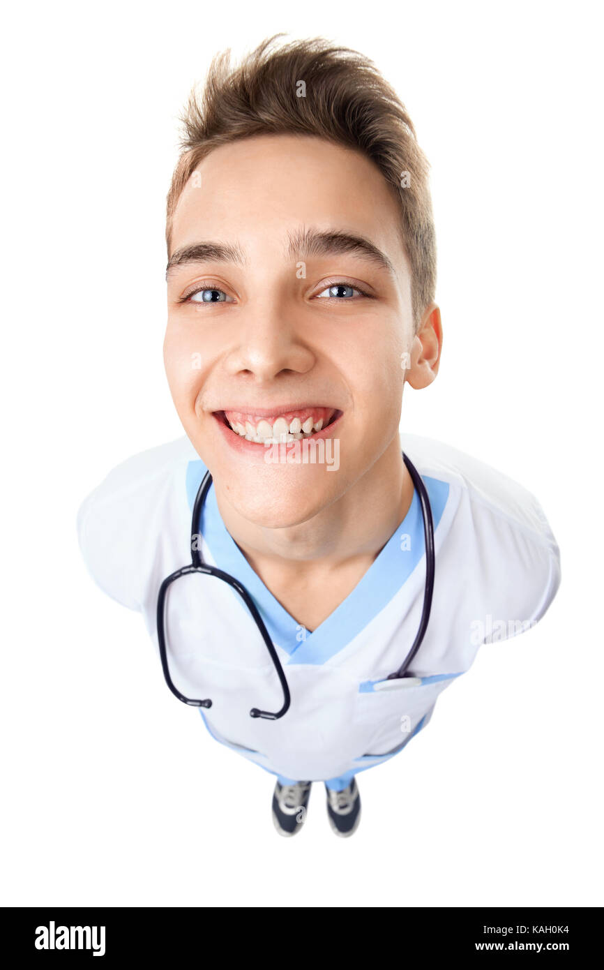 Wide angle top view of happy smiling young doctor isolated on white ...