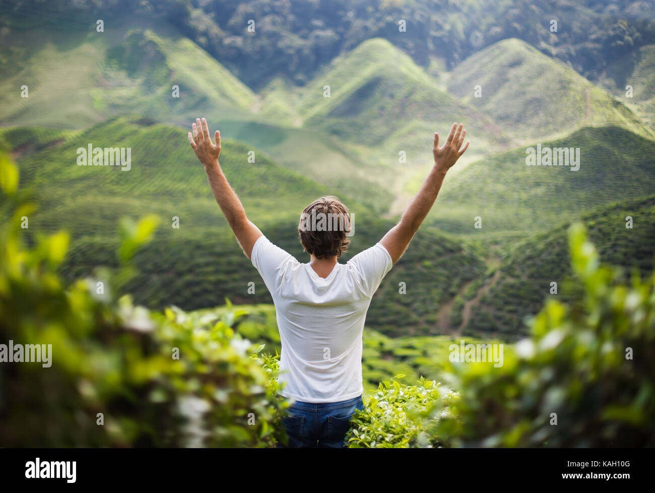 freedom young man with hands up in mountains Stock Photo - Alamy