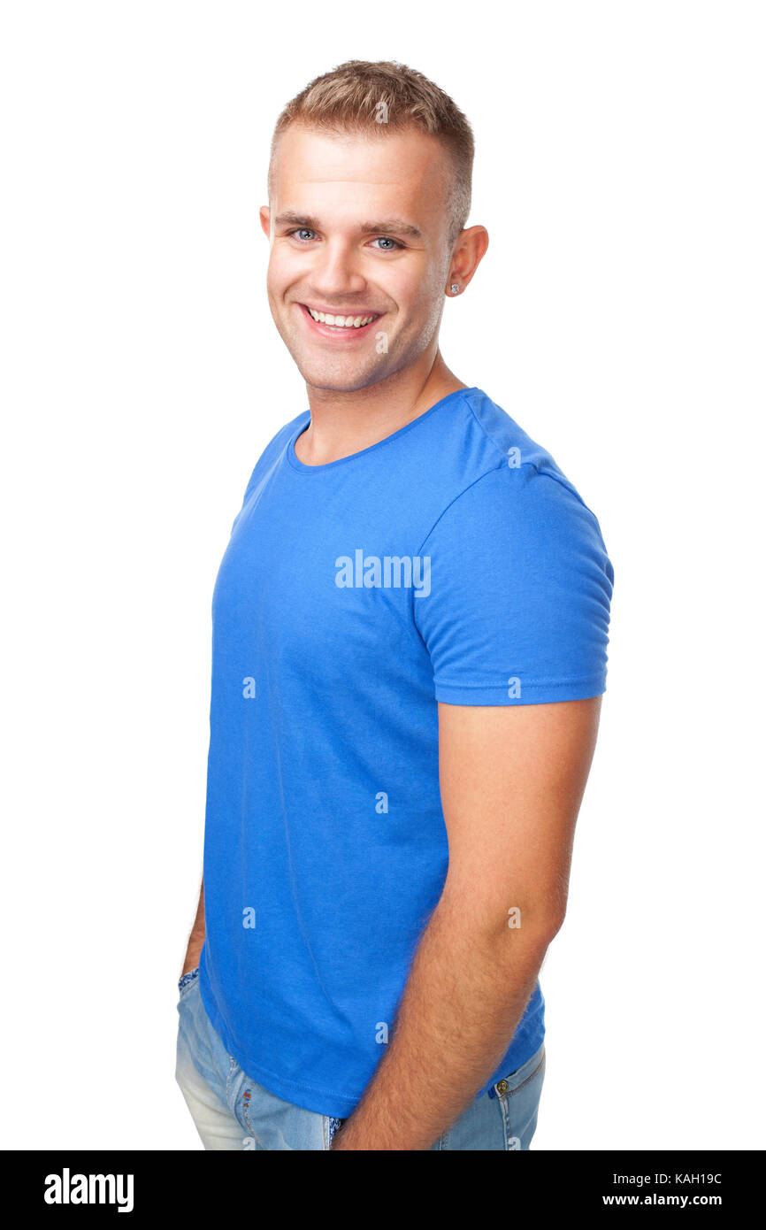 Portrait of happy smiling man standing isolated on white background ...