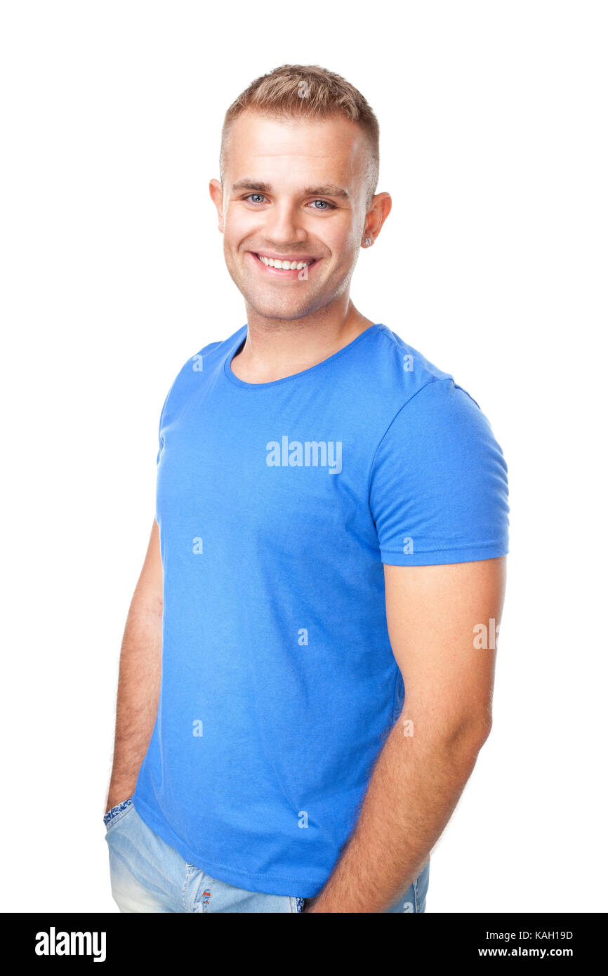 Portrait of happy smiling man standing isolated on white background ...