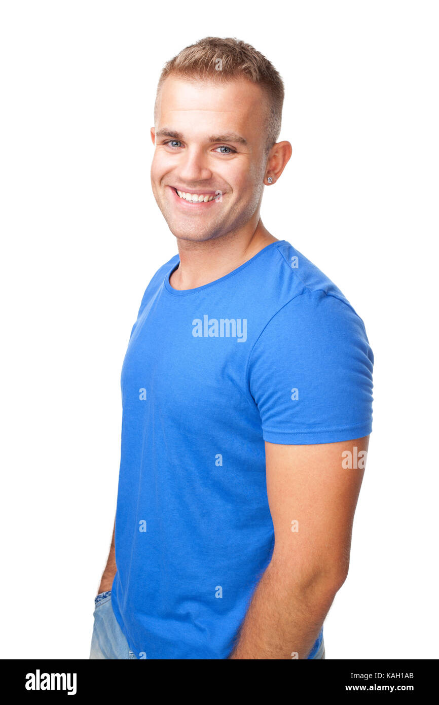 Portrait of happy smiling man standing isolated on white background ...