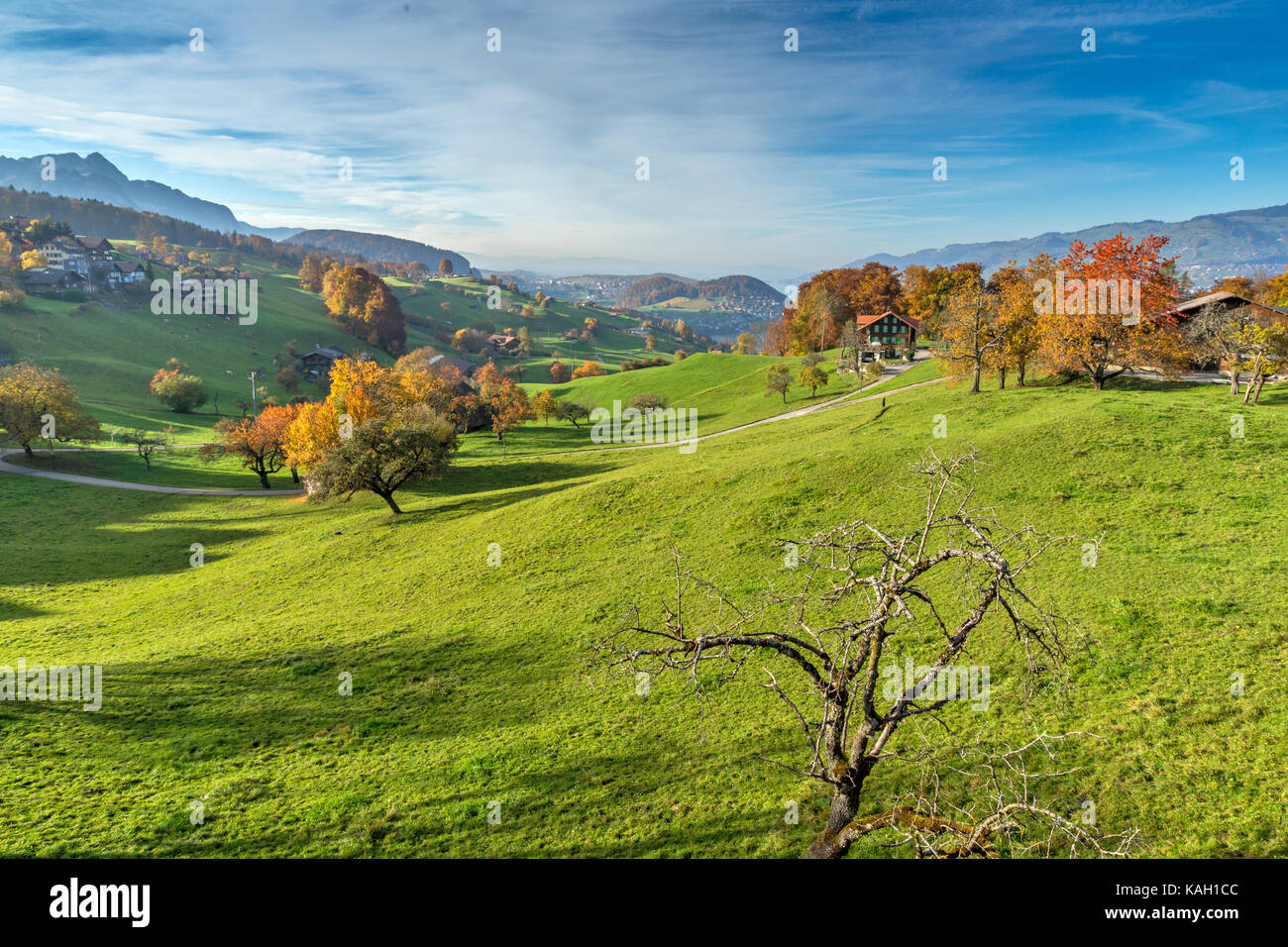 Autumn Landscape of typical Switzerland village near town of Interlaken ...