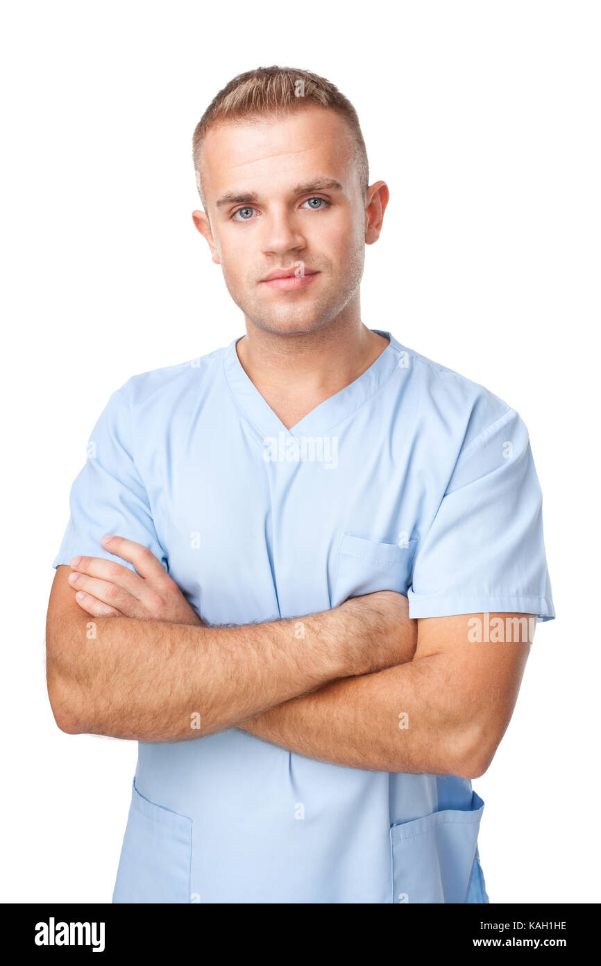 Portrait of happy smiling young male nurse in uniform isolated on white ...