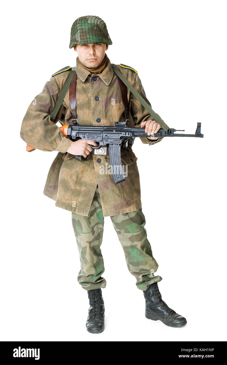 Portrait of soldier with submachine gun isolated on white background ...