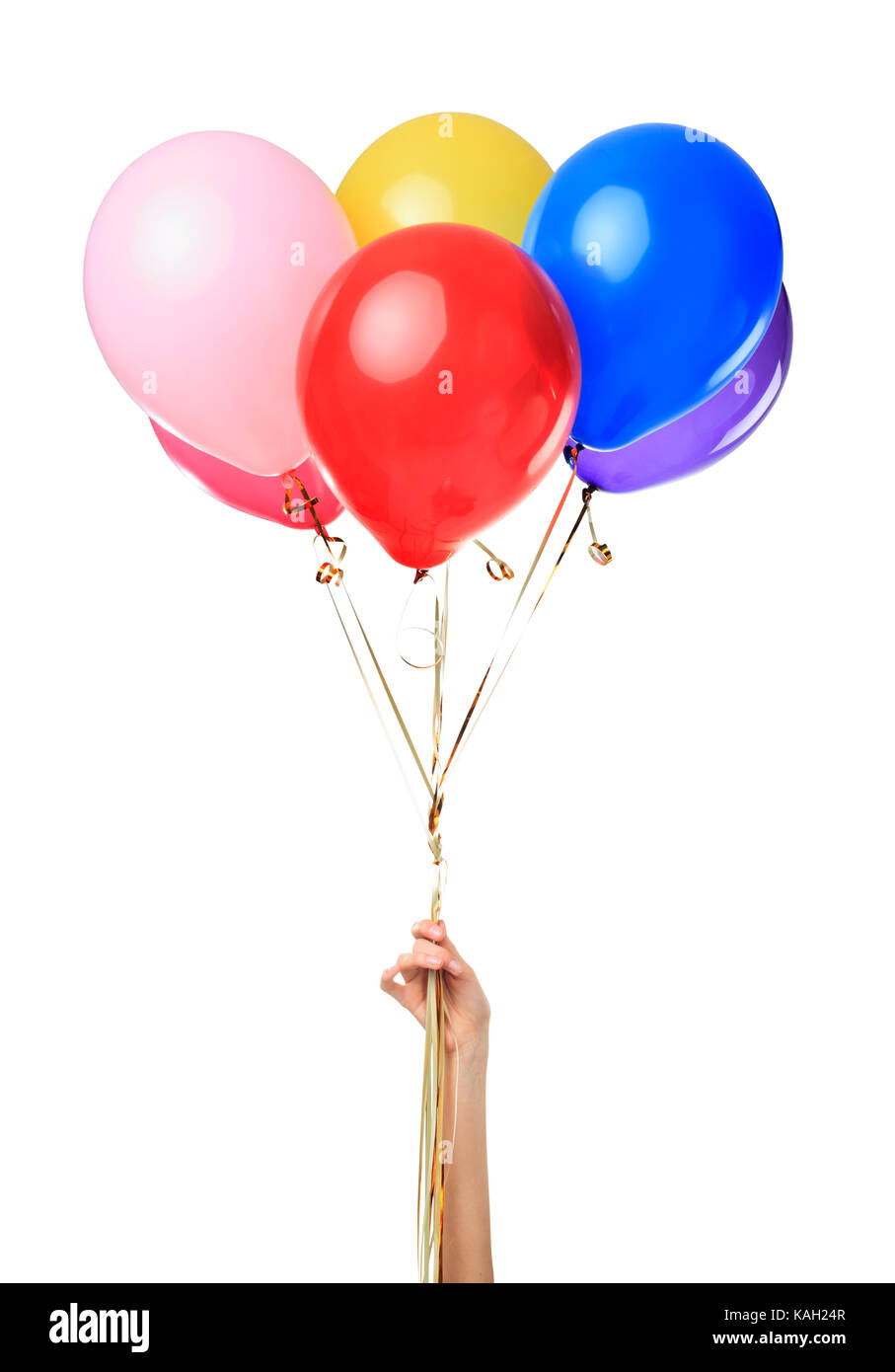 Hand holding colorful balloons isolated on white background Stock Photo ...