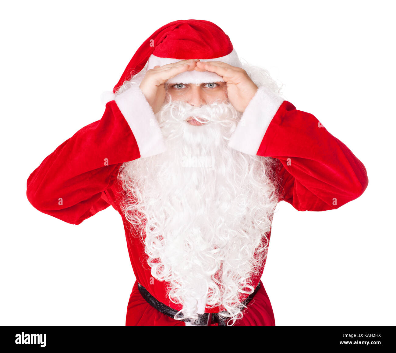 Portrait of Santa Claus look far away hold hands at head isolated on ...