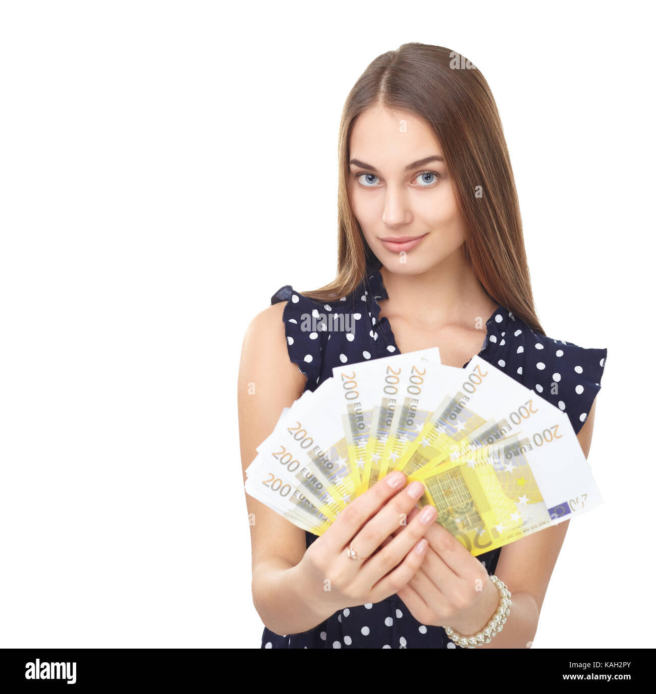 Portrait of young beautiful smiling woman holding euro banknotes money ...
