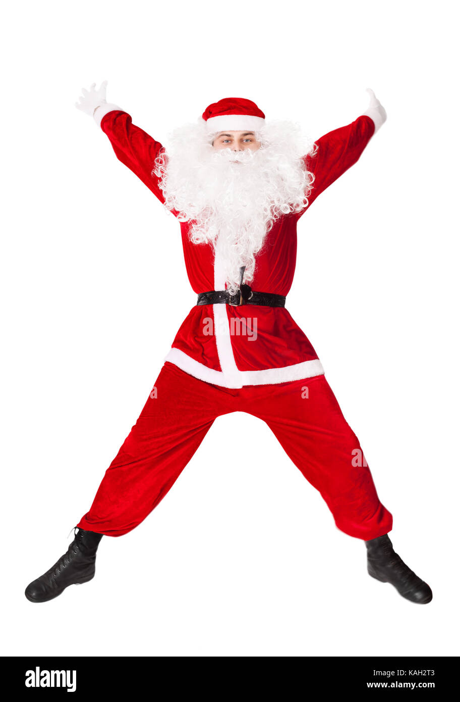 Happy Santa Claus with hands lifted upwards isolated on white ...