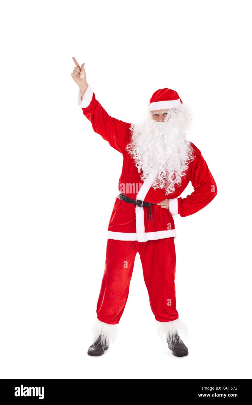 Full length portrait of Santa Claus point finger up showing empty copy ...