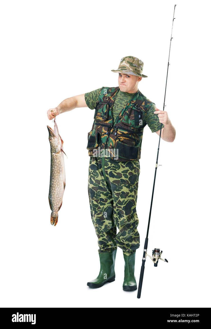 Full length portrait of a young fisherman with his catch isolated on ...