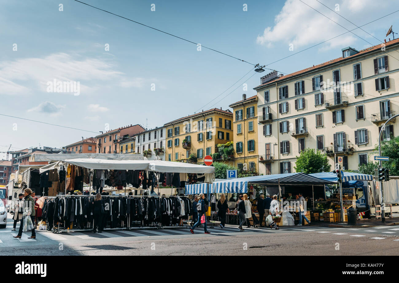 Street market on Via San Marco in Brera, Lombardy, Italy Stock Photo ...