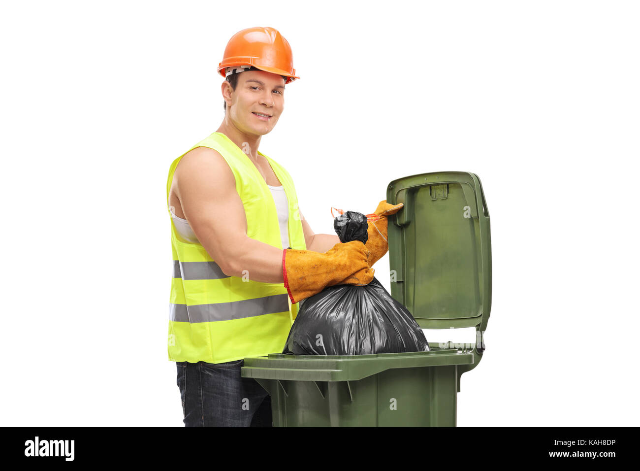 Waste collector emptying a garbage bin isolated on white background ...