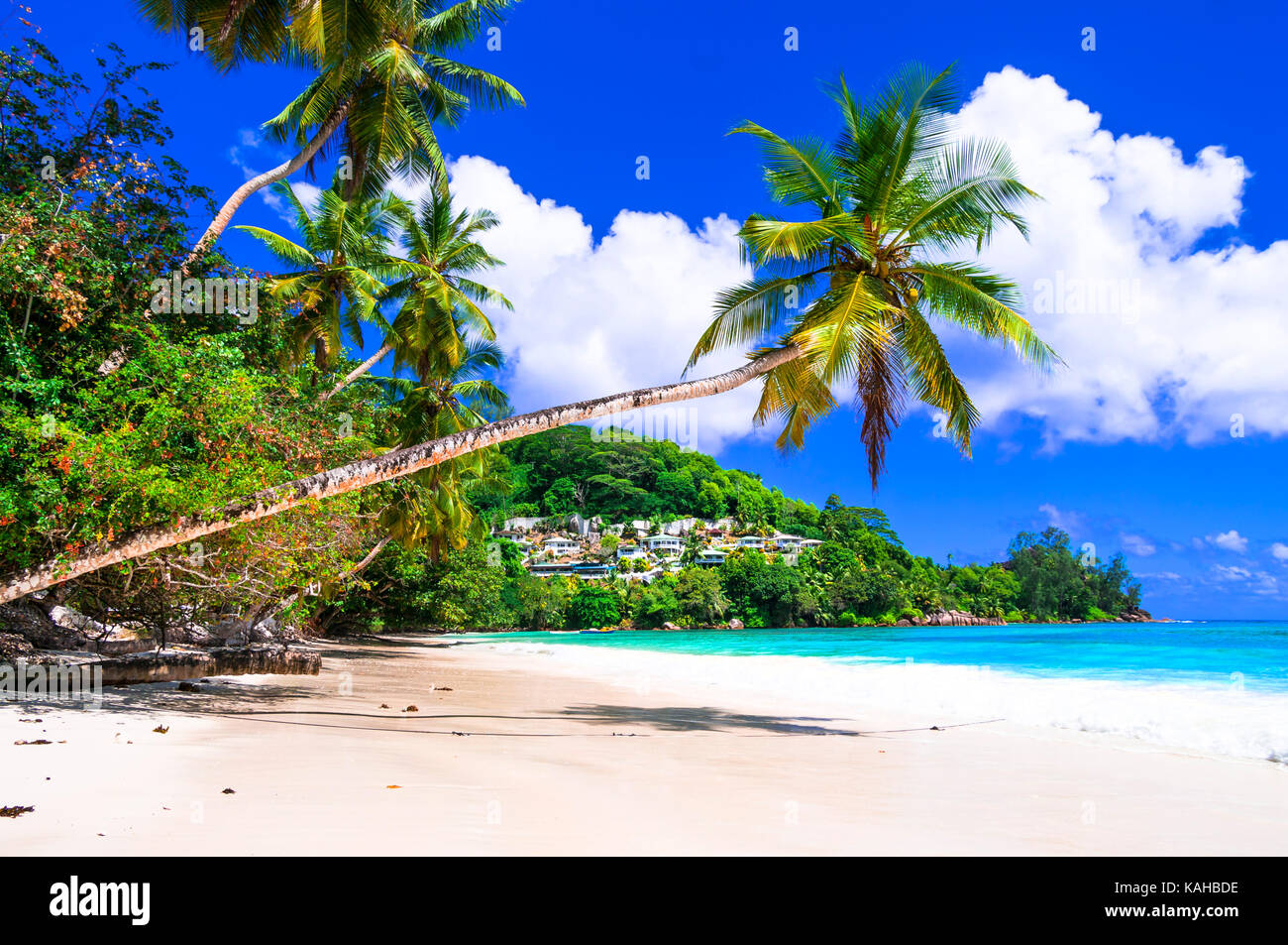 Beautiful beach of Praslin Seychelles island,panoramic view Stock Photo ...