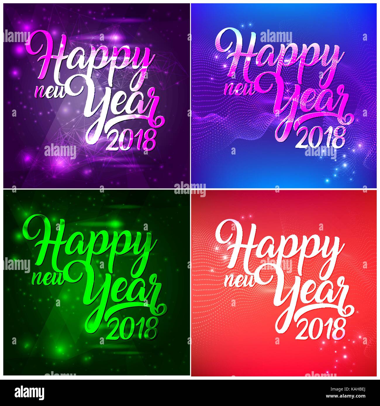 Happy 2018 New Year. Set Postcards with a futuristic background and ...