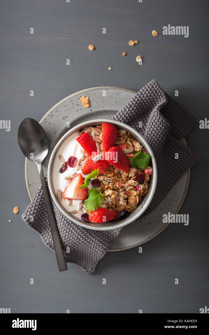 granola and yogurt with seeds and strawberry for breakfast Stock Photo ...