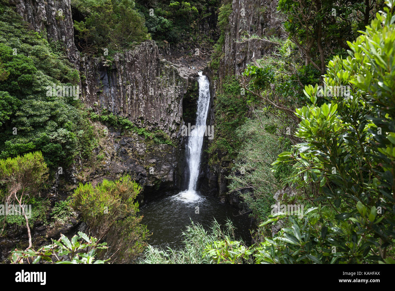 Waterfall over basalt columns, near Fazende de Santa Cruz, island of ...