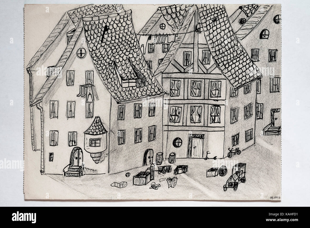 Half-timbered houses, Old town, drawing, children's drawing, 12 years ...