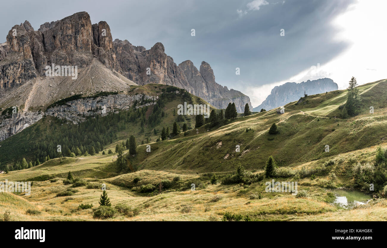 Val Gardena Pass, Passo Gardena, 2121m, at the back Sella Group with ...