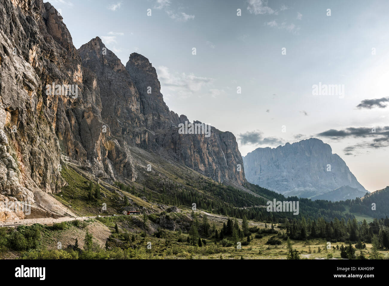Street at the Gardena Pass, Passo Gardena, 2121m, left Sella Group with ...