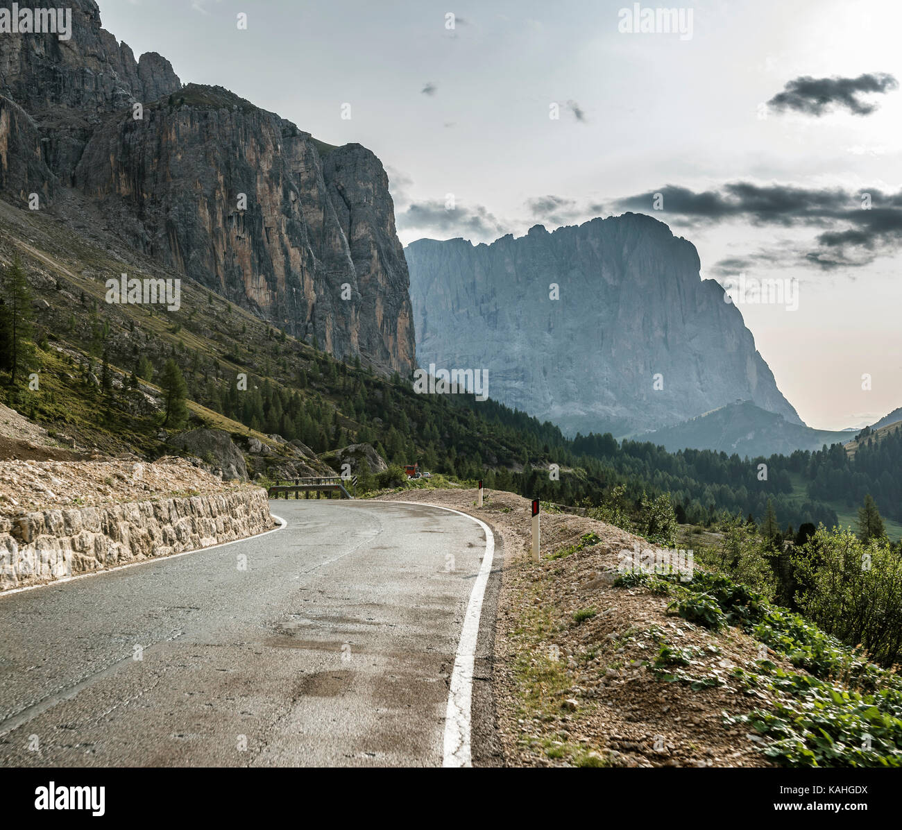 Street at the Gardena Pass, Passo Gardena, 2121m, left Sella Group with ...