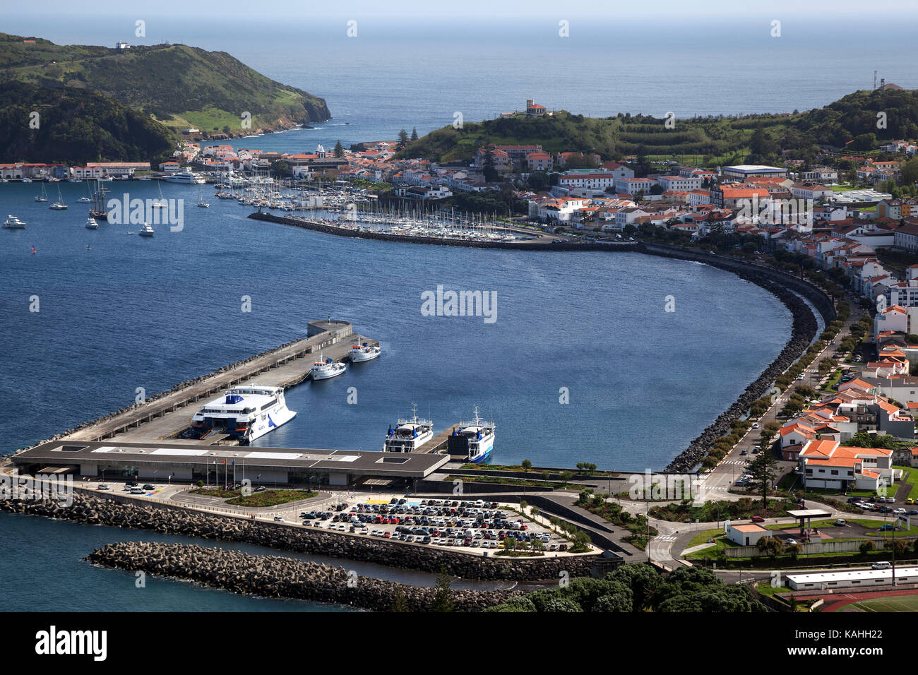 View of Horta and the harbour, island of Faial, Azores, Portugal Stock ...