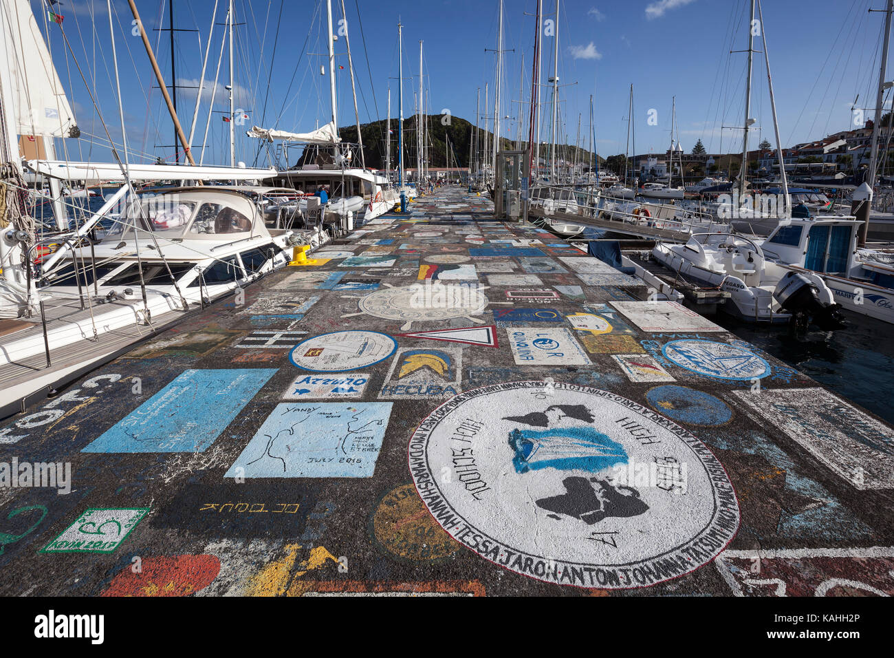 Sailor painted quay wall, harbour, marina, Horta, island of Faial ...