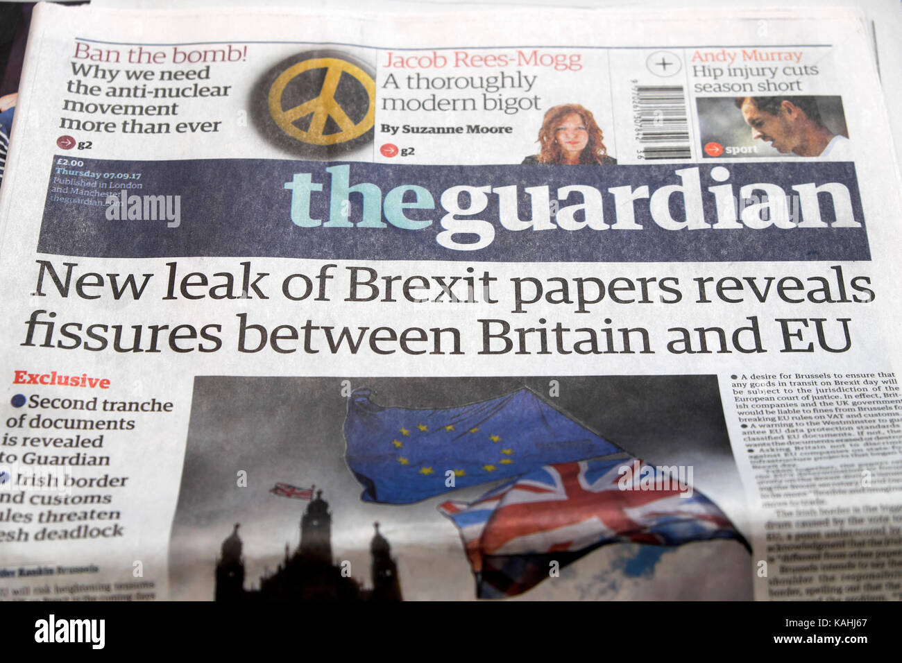 Guardian newspaper headline "New leak of Brexit papers reveals fissures ...