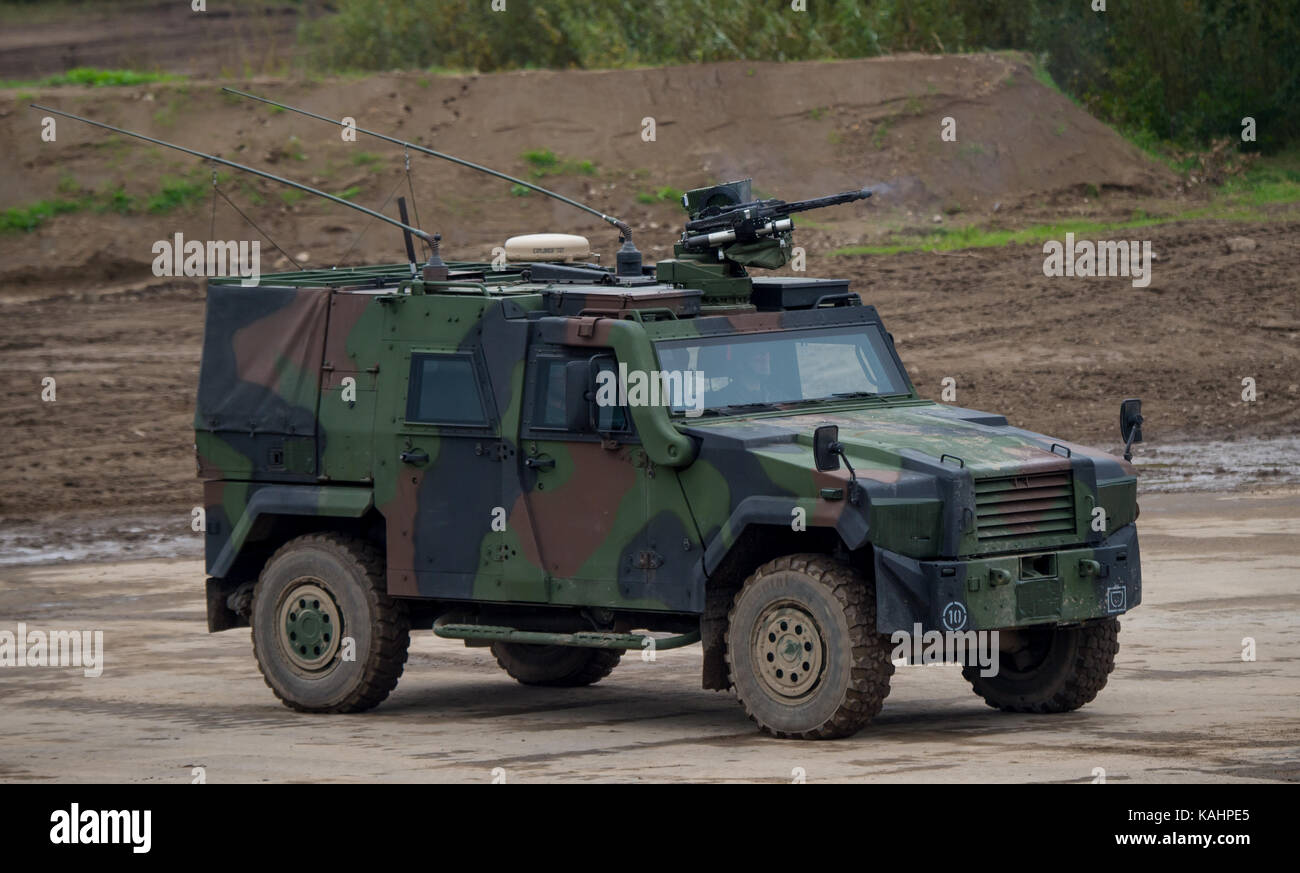 An "Eagle IV" armoured vehicle crossing the training ground during ...