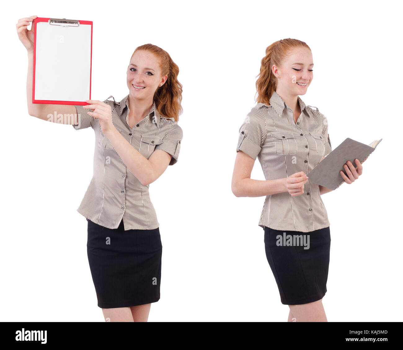 Pretty young employee with paper isolated on white Stock Photo - Alamy
