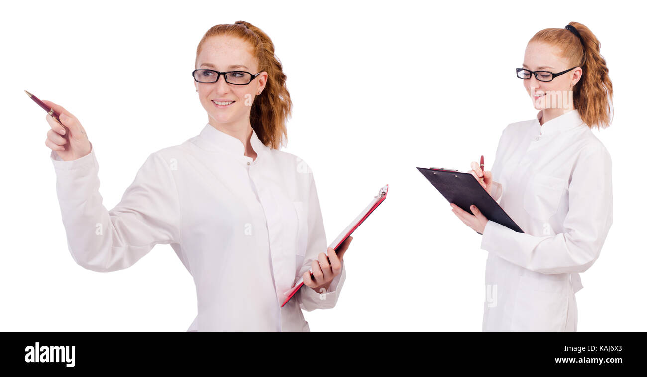 Young medical student writing on the binder isolated on white Stock ...