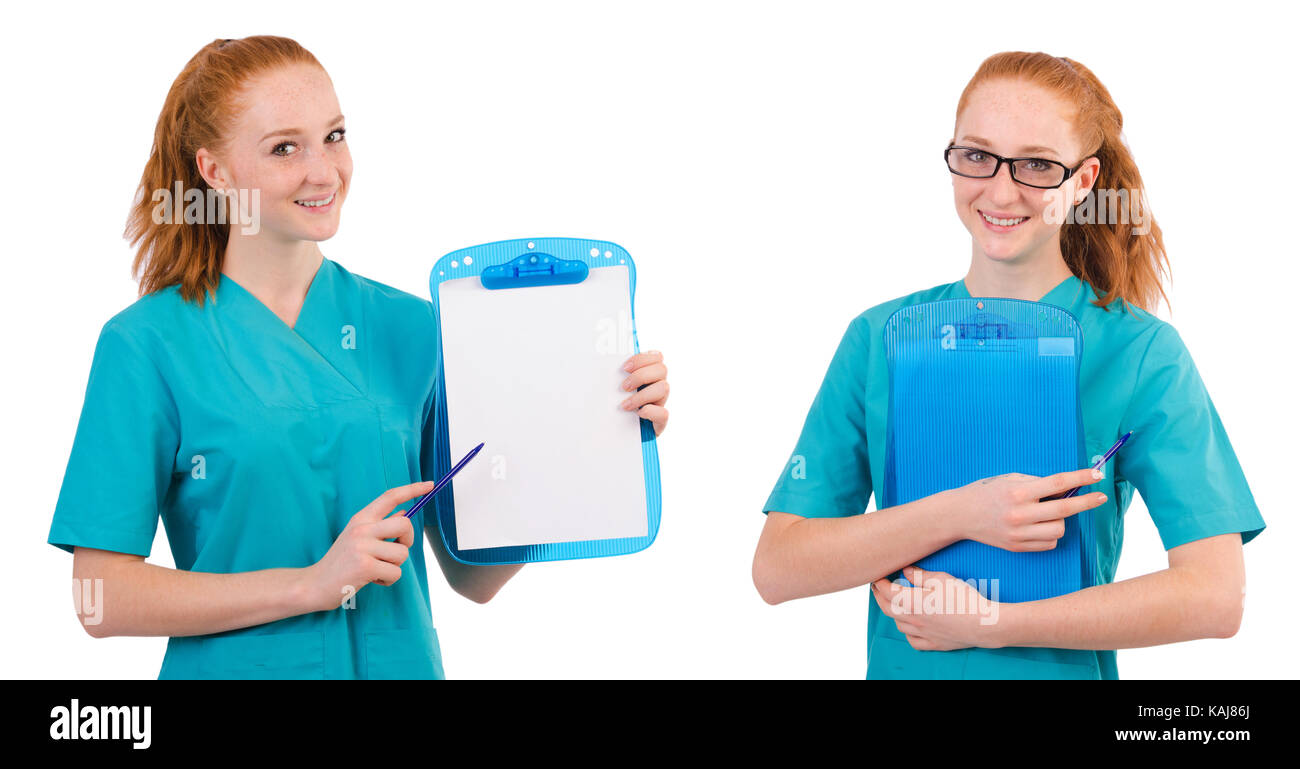 Careful nurse isolated on white Stock Photo - Alamy