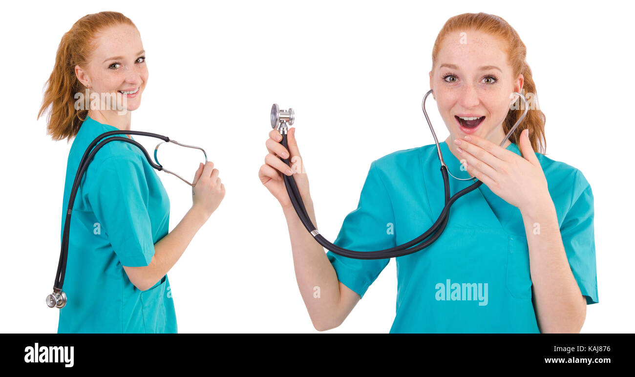 Young medical trainee with stethoscope isolated on white Stock Photo ...