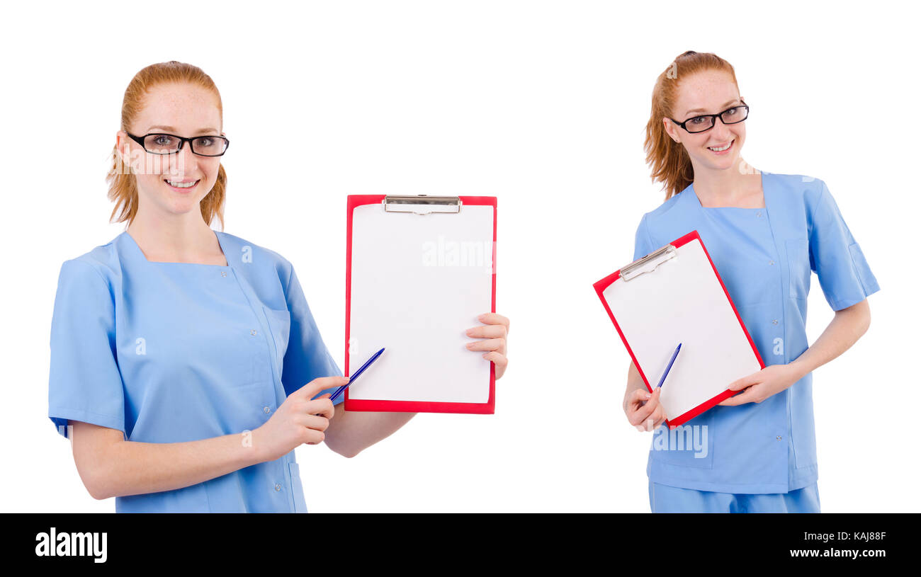 Pretty doctor in blue uniform with documents isolated on white Stock ...